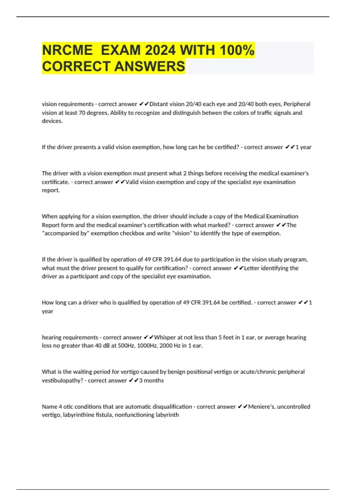 NRCME EXAM 2024 WITH 100% CORRECT ANSWERS - NRCME - Stuvia US