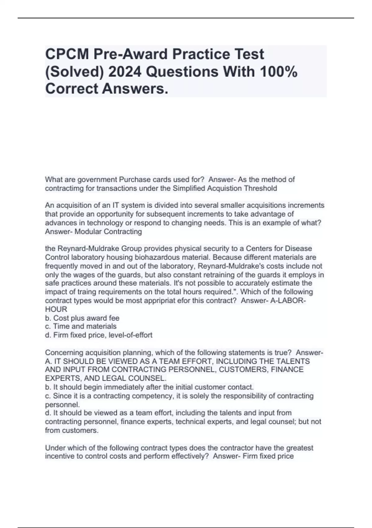CPCM Pre-Award Practice Test (Solved) 2024 Questions With 100% Correct ...
