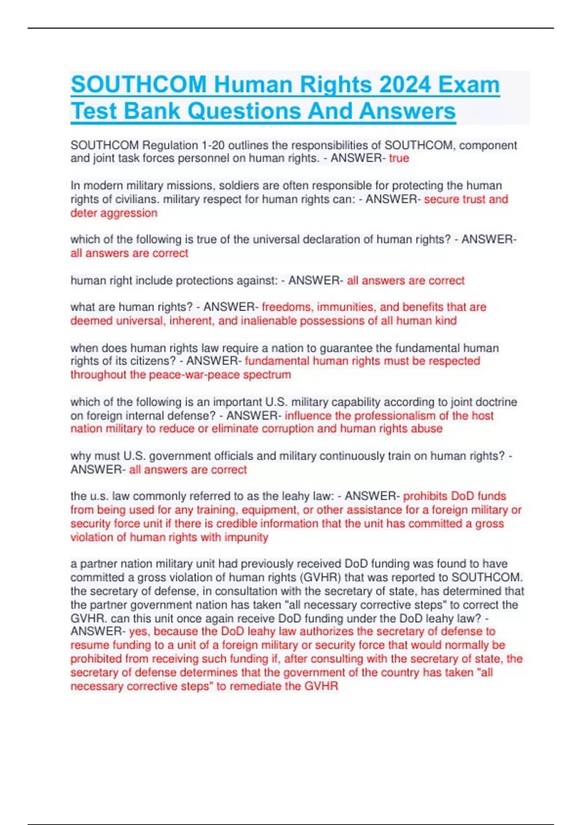 SOUTHCOM Human Rights 2024 Exam Test Bank Questions And Answers ...