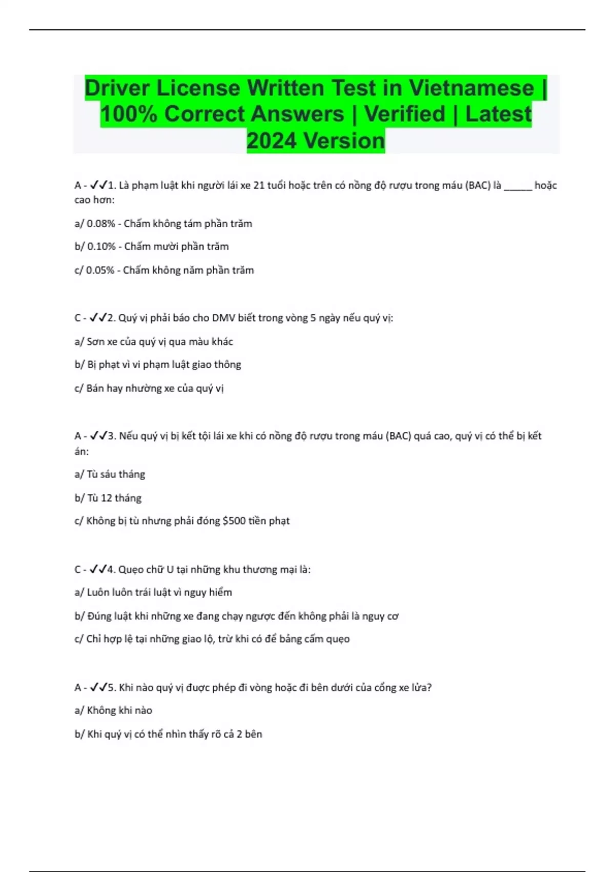 Driver License Written Test in Vietnamese | 100% Correct Answers ...