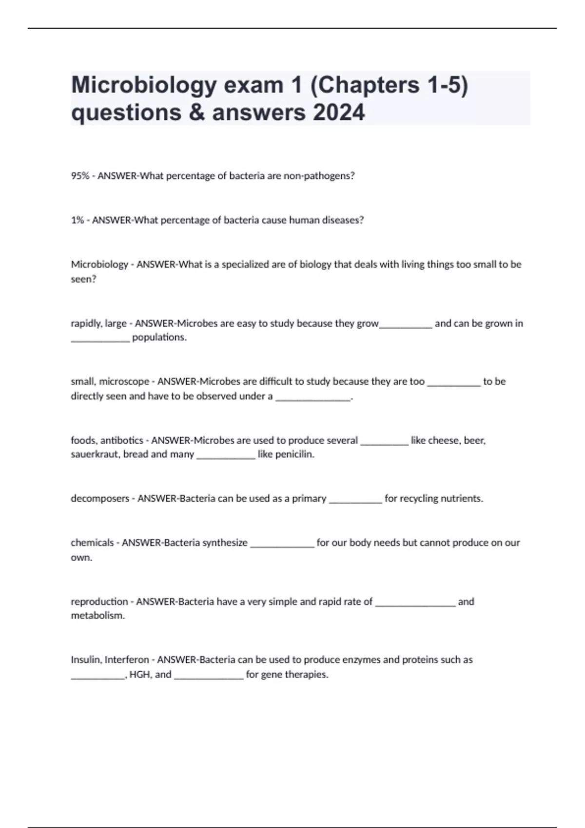 Microbiology exam 1 (Chapters 1-5) questions & answers 2024 ...