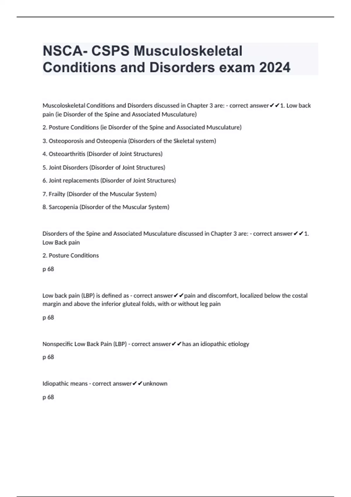 NSCA- CSPS Musculoskeletal Conditions and Disorders exam 2024 - NSCA- CSPS Musculoskeletal ...