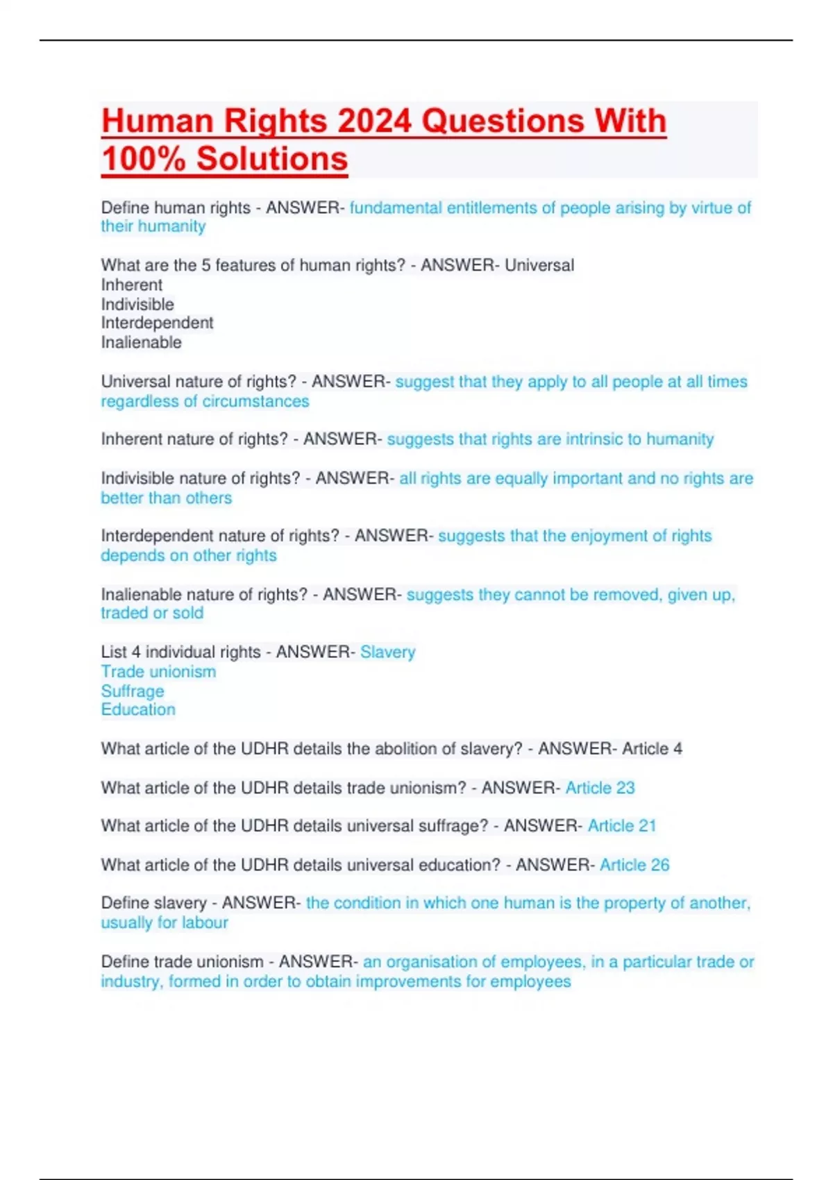 Human Rights 2024 Questions With 100% Solutions - Human Rights - Stuvia US