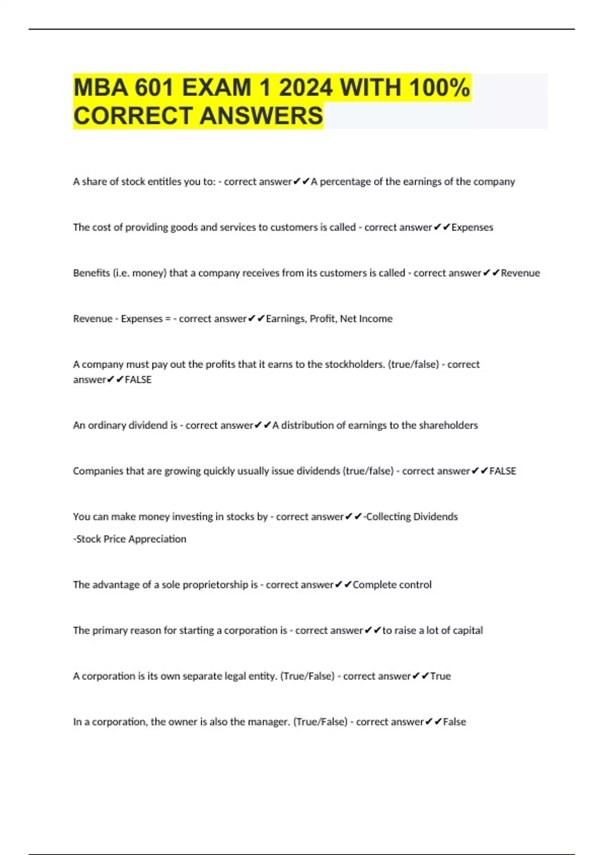 MBA BUNDLED Exams 2024 with 100% correct answers - Stuvia US
