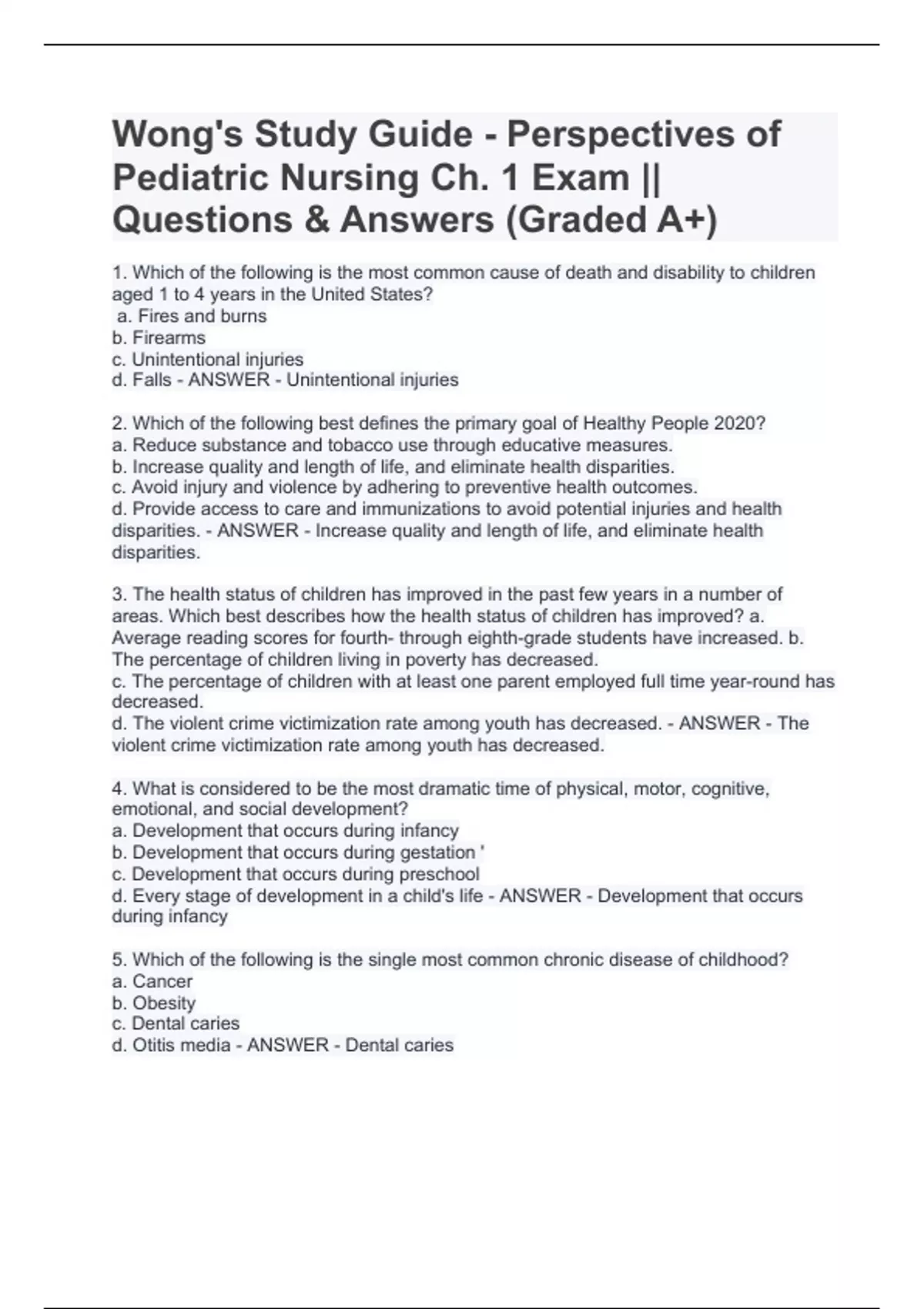 Wong s Nursing Care of Infants and Children Chapter 1 Exam PACKAGE DEAL ...