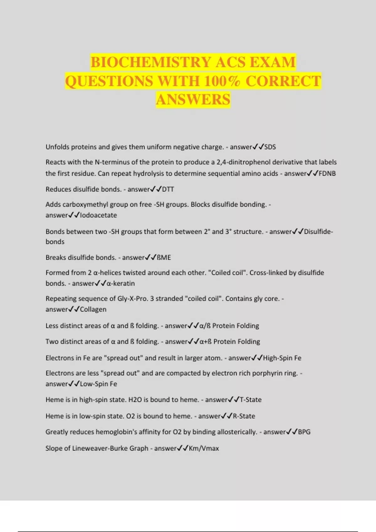 BIOCHEMISTRY ACS EXAM QUESTIONS WITH 100% CORRECT ANSWERS ...