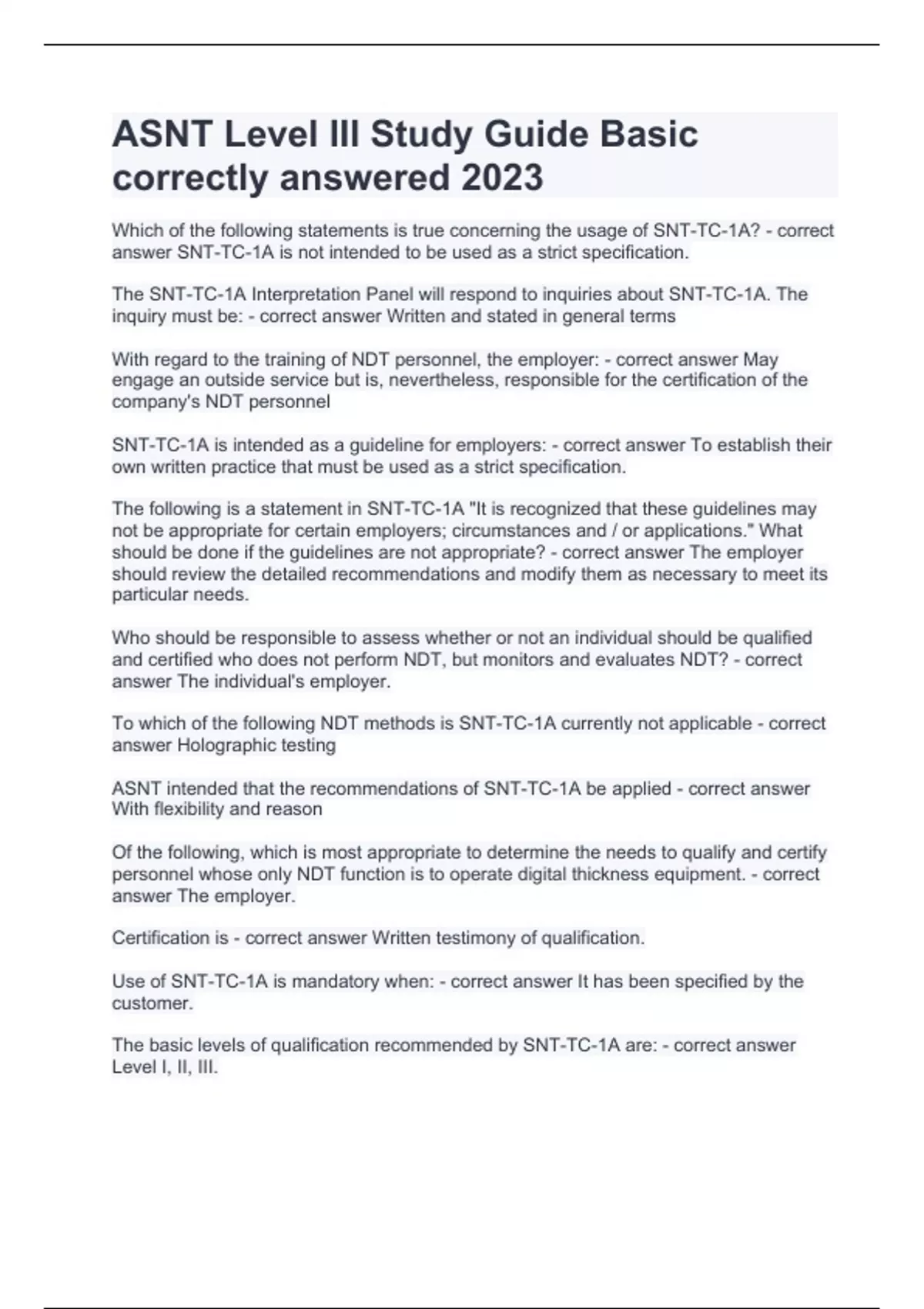 Asnt Level Iii Study Guide Basic Question And Answers Rated A 2024
