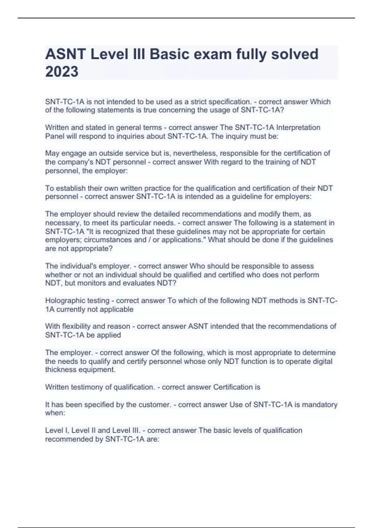 ASNT Level III Basic exam Question and answers 100% correct 2024/2025 - Asnt - Stuvia US