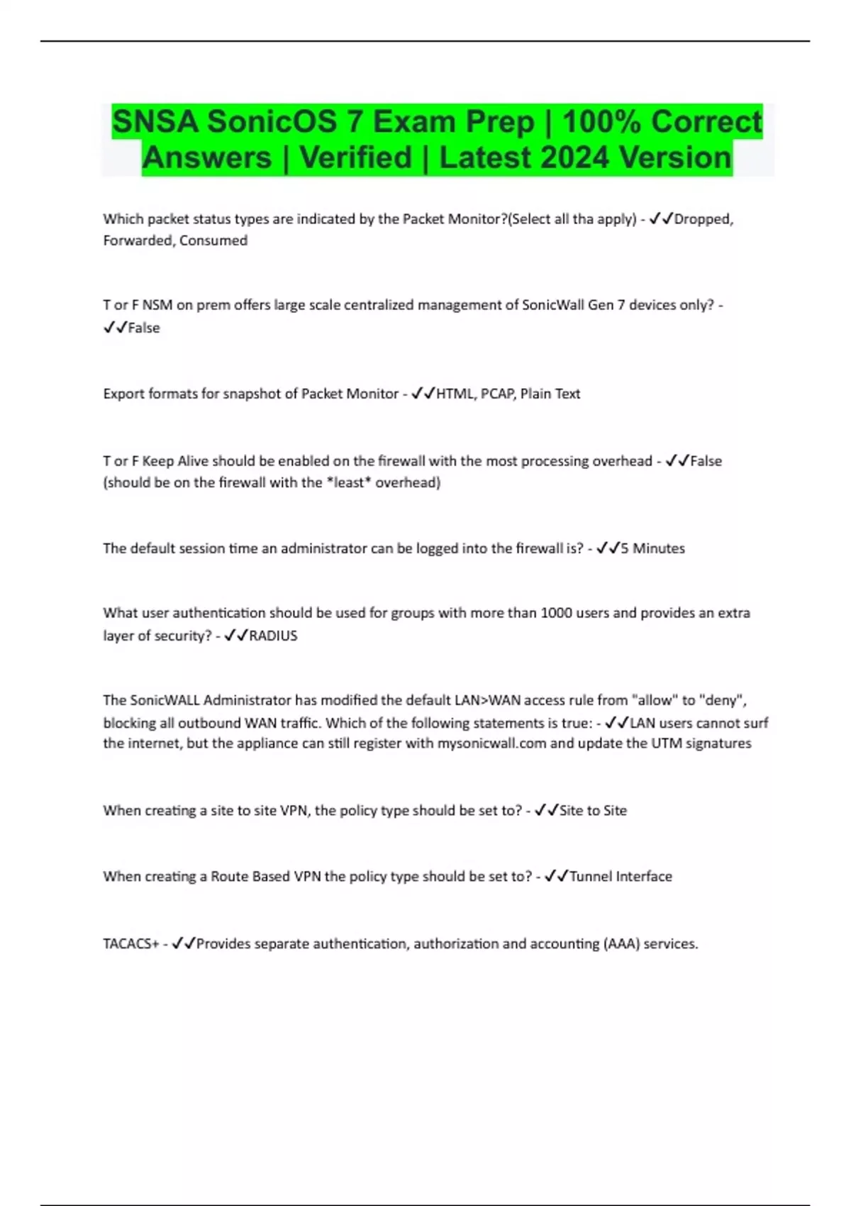 SNSA SonicOS 7 Exam Prep | 100% Correct Answers | Verified | Latest ...