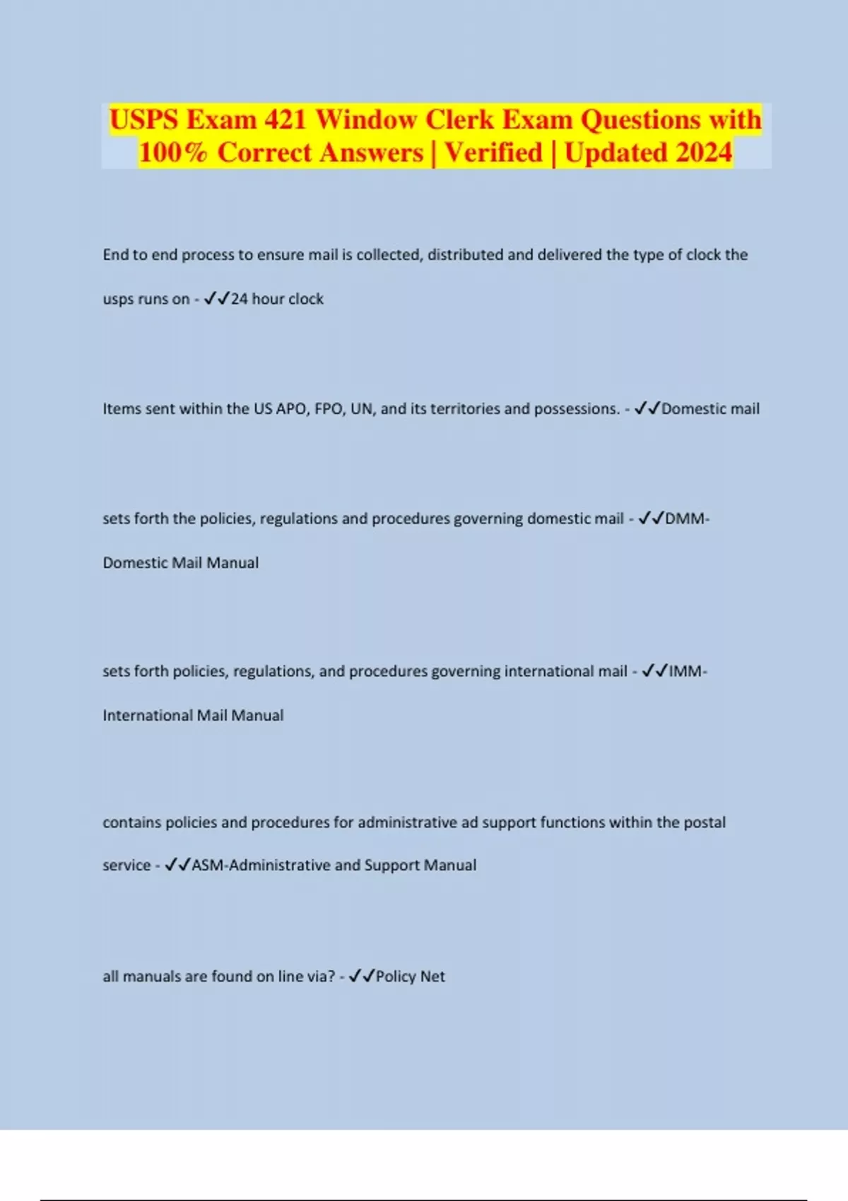 USPS Exam 421 Window Clerk Exam Questions with 100% Correct Answers ...