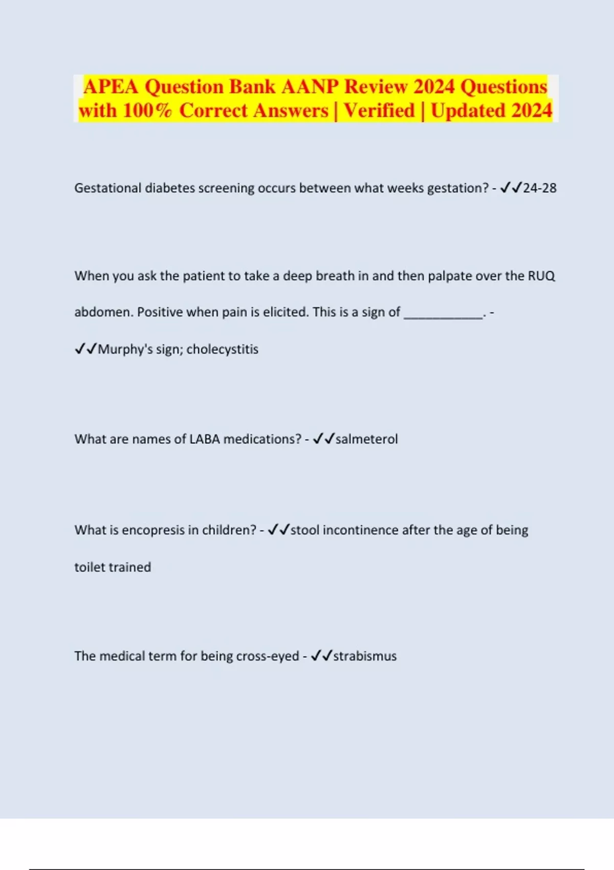 APEA Question Bank AANP Review 2024 Questions with 100% Correct Answers ...