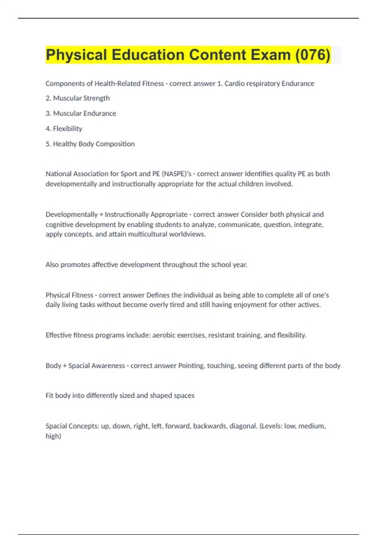 Physical Education Content Exam (076) with correct answers 100% ...