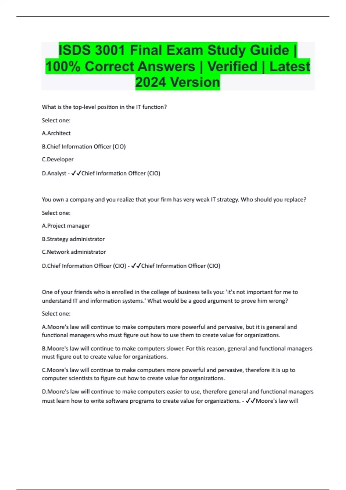 ISDS 3001 Final Exam Study Guide | 100% Correct Answers | Verified ...