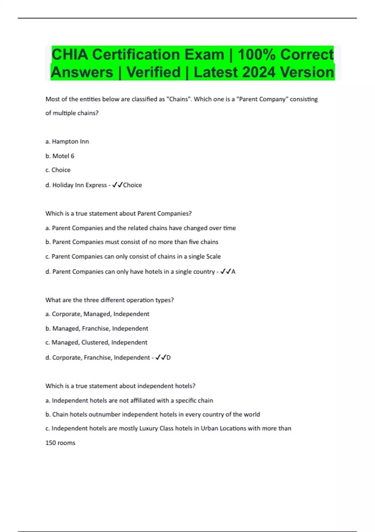 CHIA Certification Exam | 100% Correct Answers | Verified | Latest 2024 ...