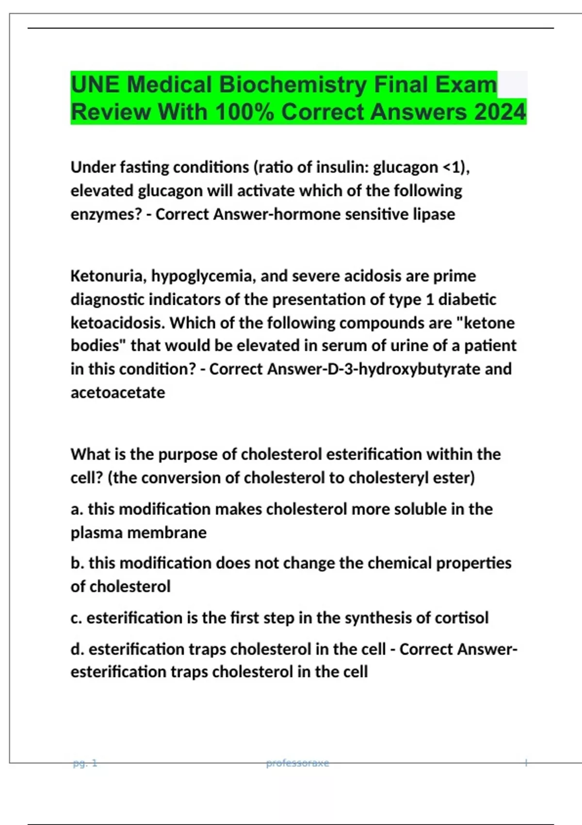 UNE Medical Biochemistry Final Exam Review With 100% Correct Answers ...