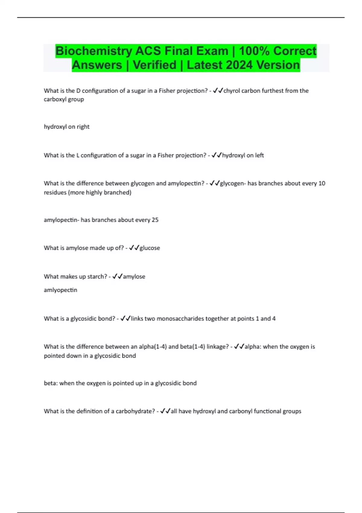 Biochemistry ACS Final Exam | 100% Correct Answers | Verified | Latest ...