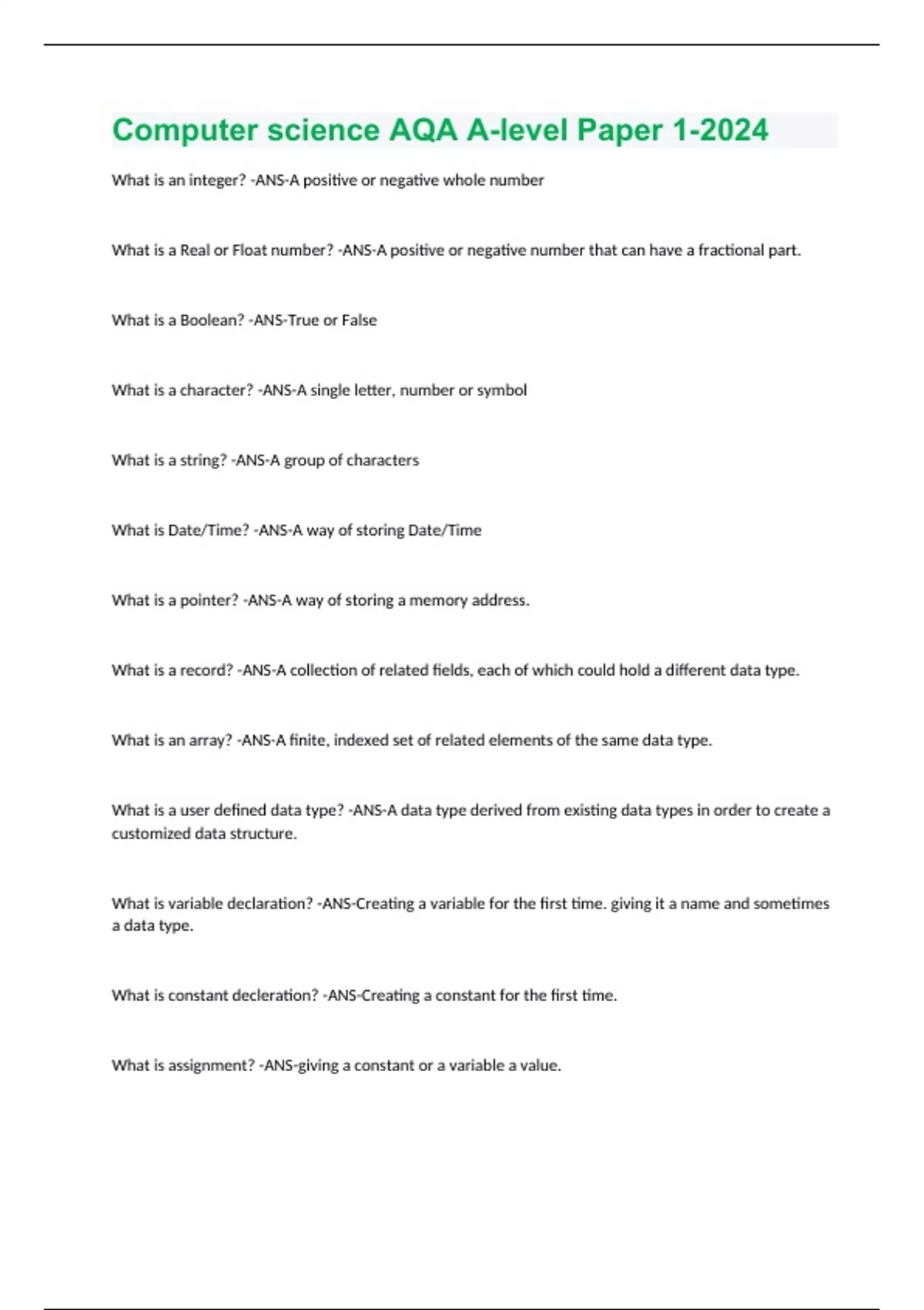 Computer science AQA A-level Paper 1-2024 - AQA A Level Computer ...