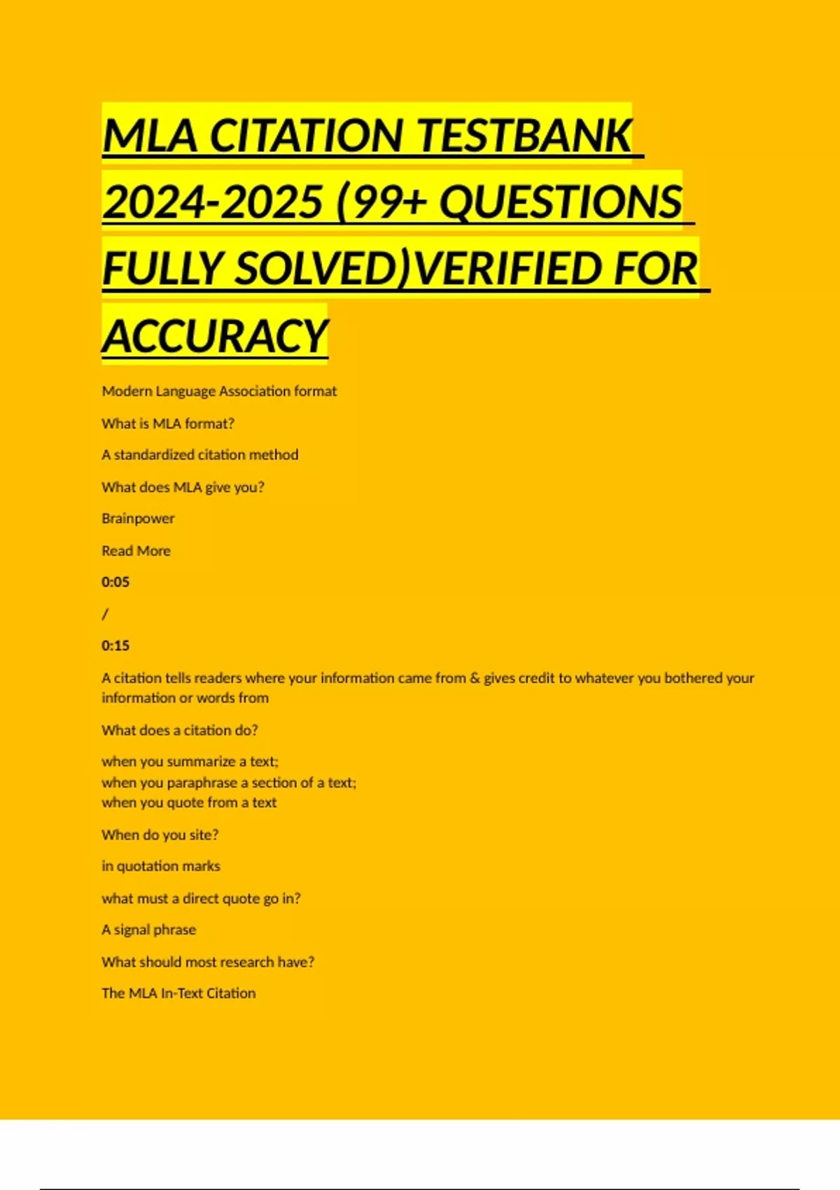 MLA CITATION TESTBANK (99+ QUESTIONS FULLY SOLVED)VERIFIED FOR ACCURACY ...