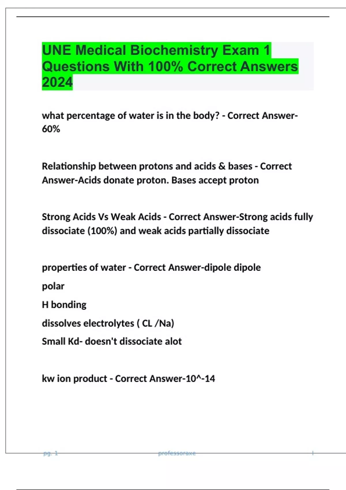 UNE Medical Biochemistry Exam 1 Questions With 100% Correct Answers ...