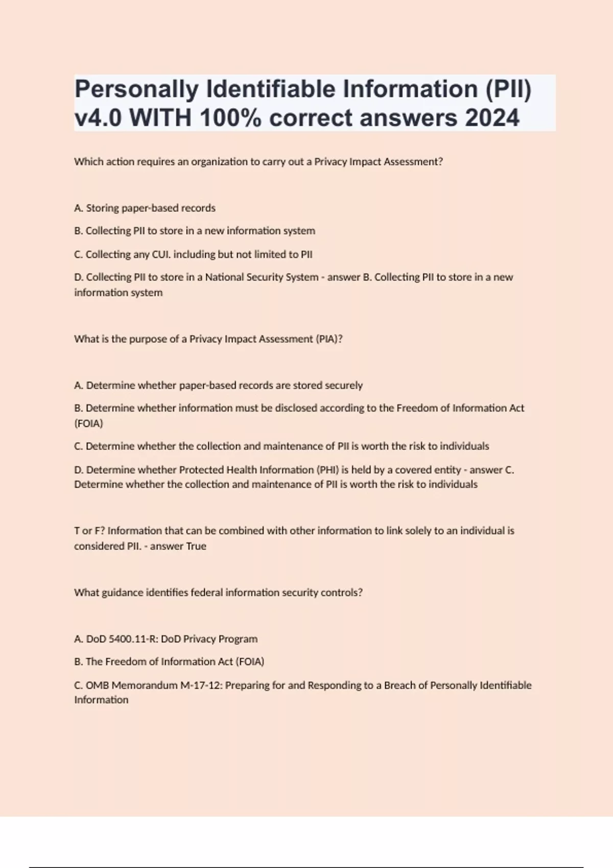 Personally Identifiable Information (PII) v4.0 WITH 100% correct ...