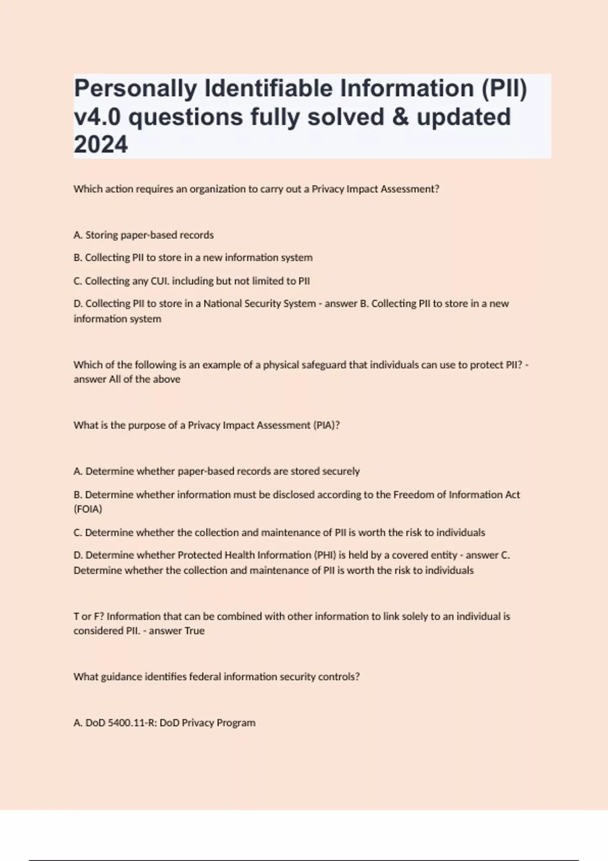 Personally Identifiable Information (PII) v4.0 questions fully solved ...