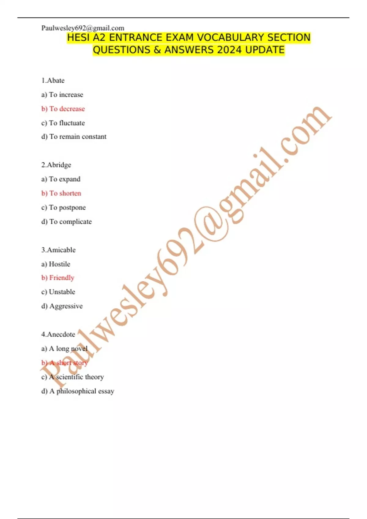 HESI A2 ENTRANCE EXAM VOCABULARY SECTION QUESTIONS & ANSWERS 2024 ...