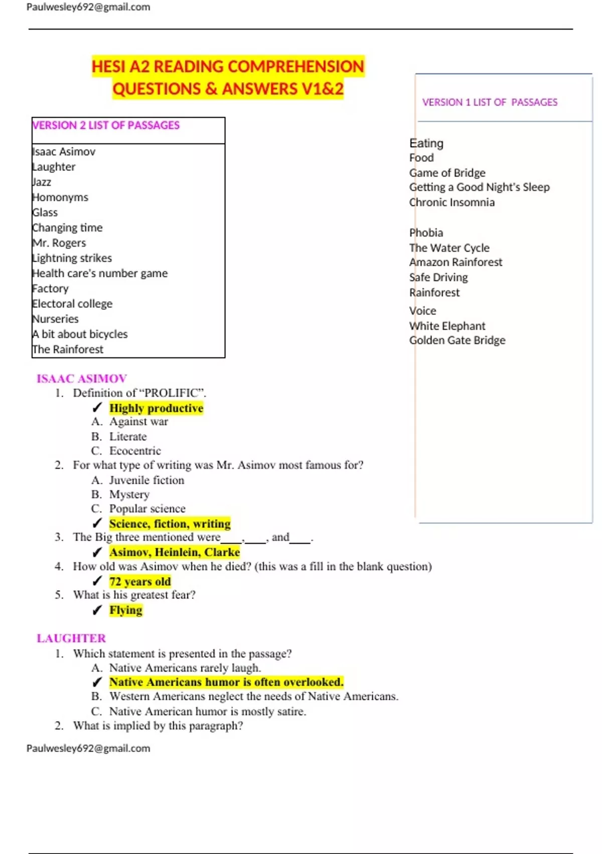 HESI A2 READING COMPREHENSION QUESTIONS & ANSWERS V1&2 - HESI A2 ...