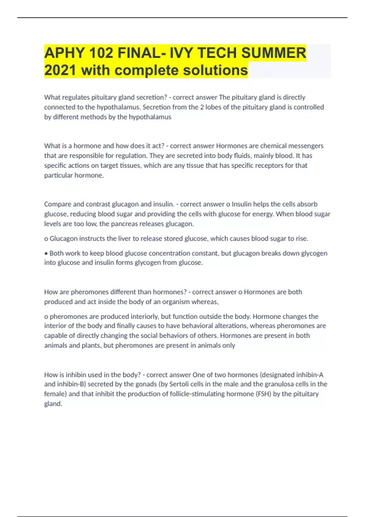 APHY 102 FINAL- IVY TECH SUMMER 2024 with complete solutions - APHY 102 Anatomy and Physiology 2 ...