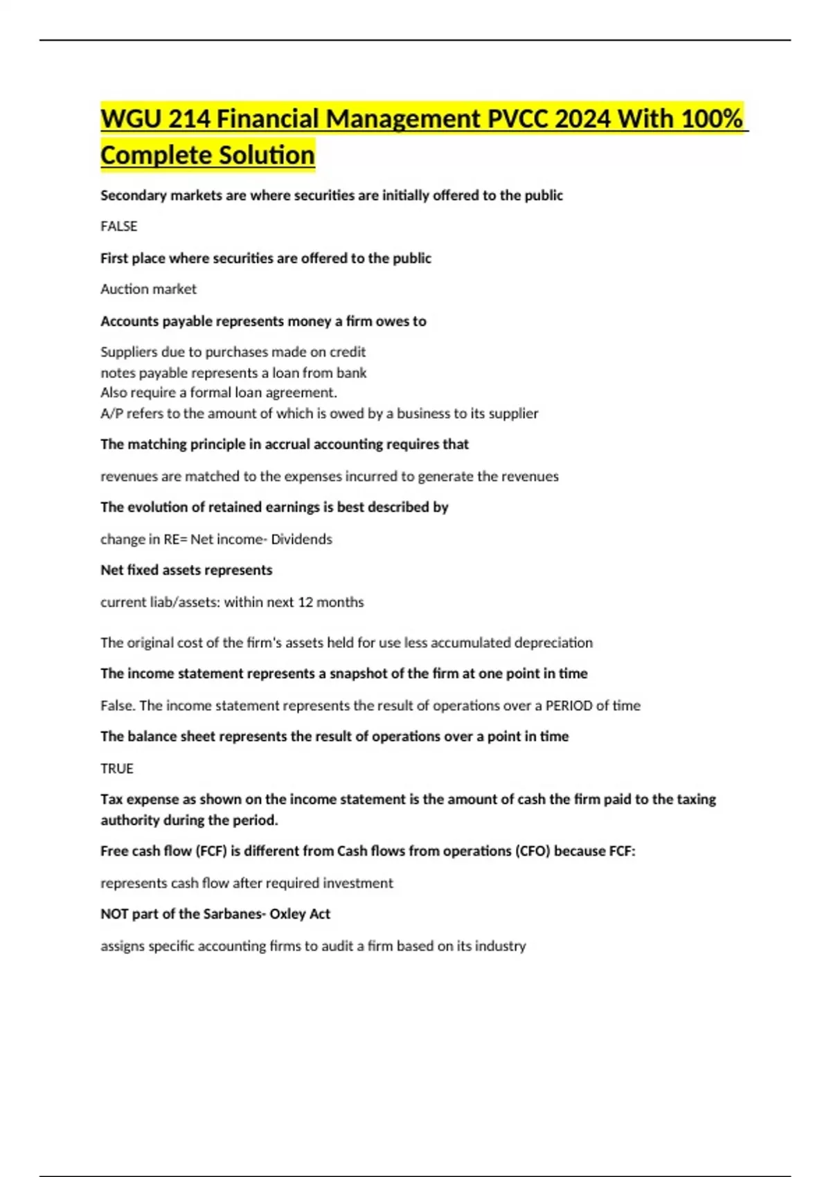 WGU 214 Financial Management PVCC 2024 With 100% Complete Solution ...