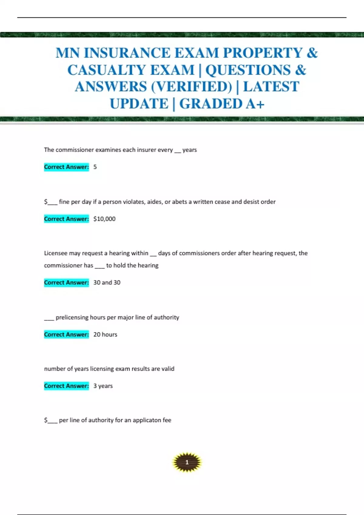 MN INSURANCE EXAM PROPERTY & CASUALTY EXAM | QUESTIONS & ANSWERS ...