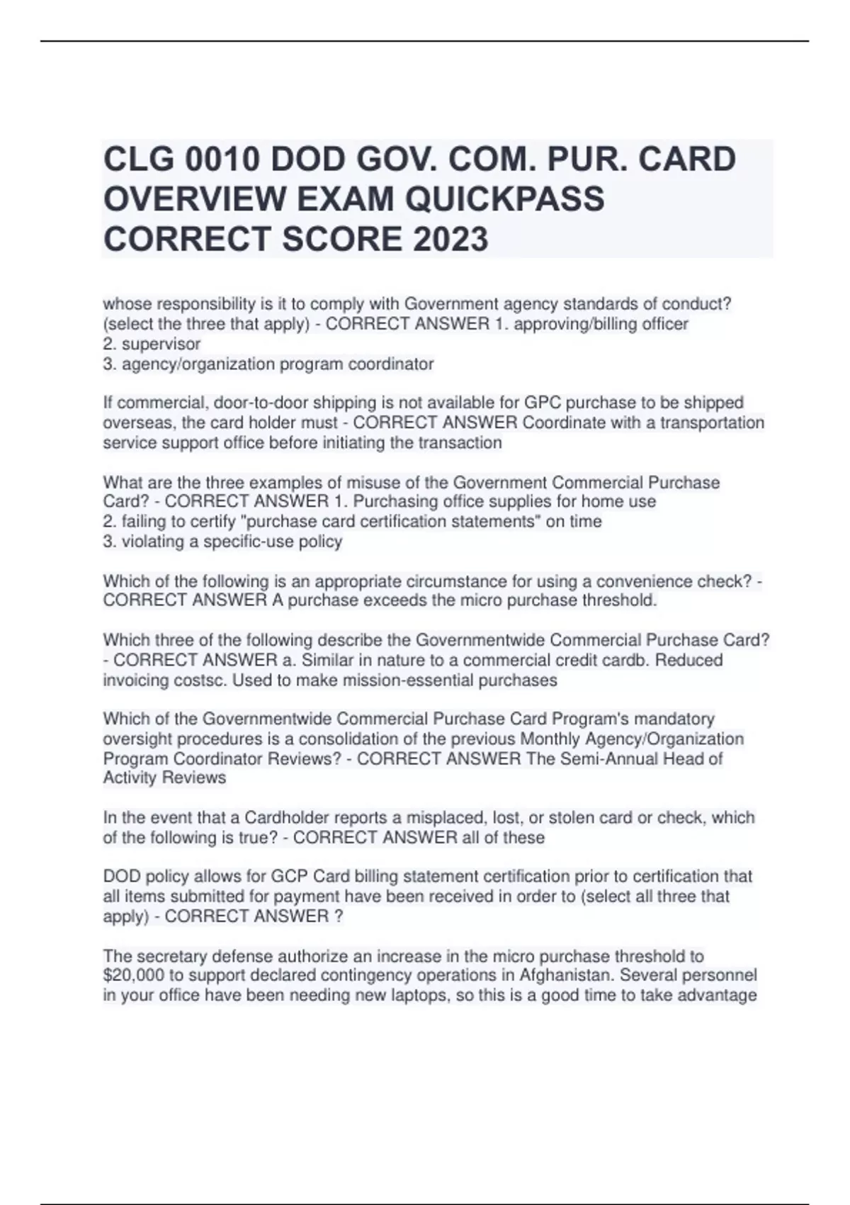 CLG 0010 DOD GOV. COM. PUR. CARD OVERVIEW EXAM QUICKPASS CORRECT SCORE ...