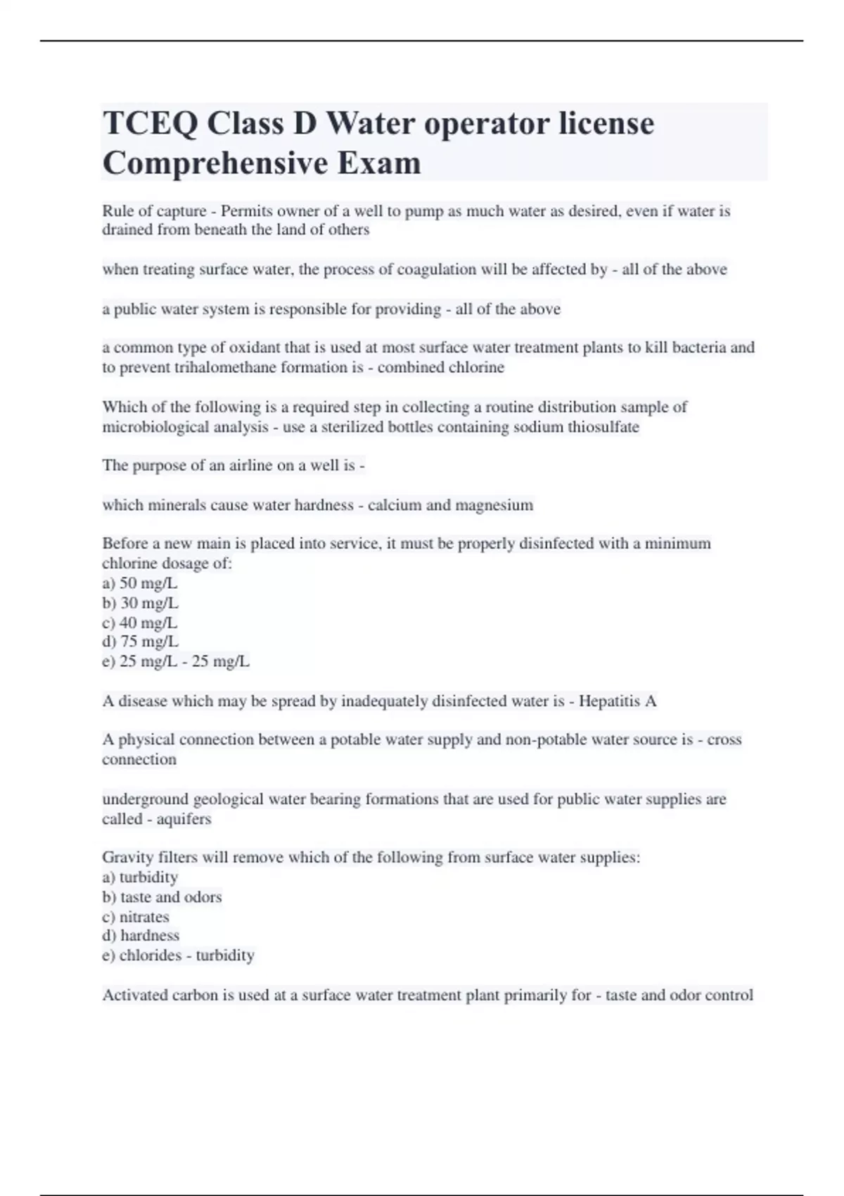 TCEQ Class D Water operator license Comprehensive Exam - TCEQ Class D ...