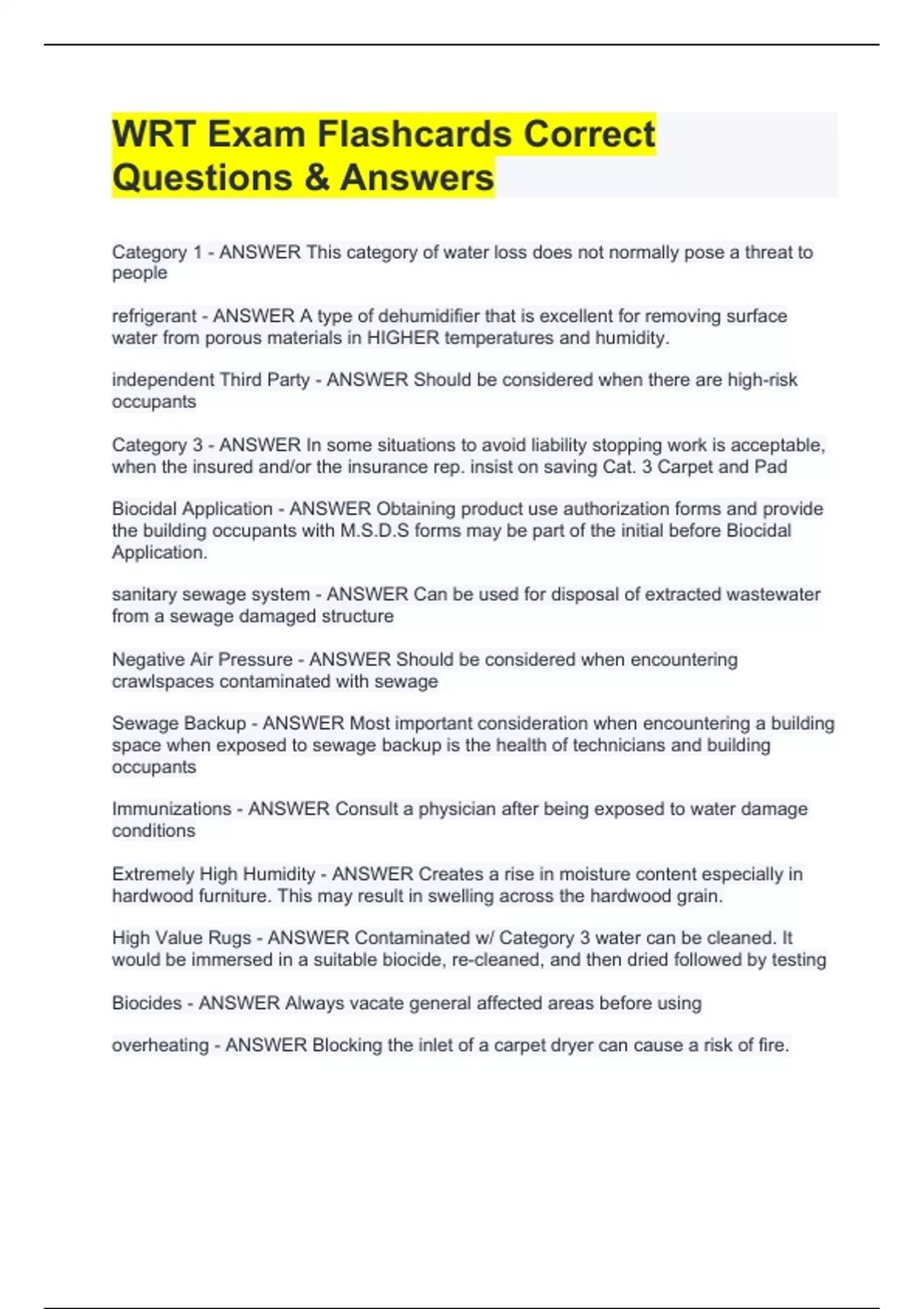 WRT Exam Flashcards Correct Questions & Answers - WRT water restoration tech - Stuvia US