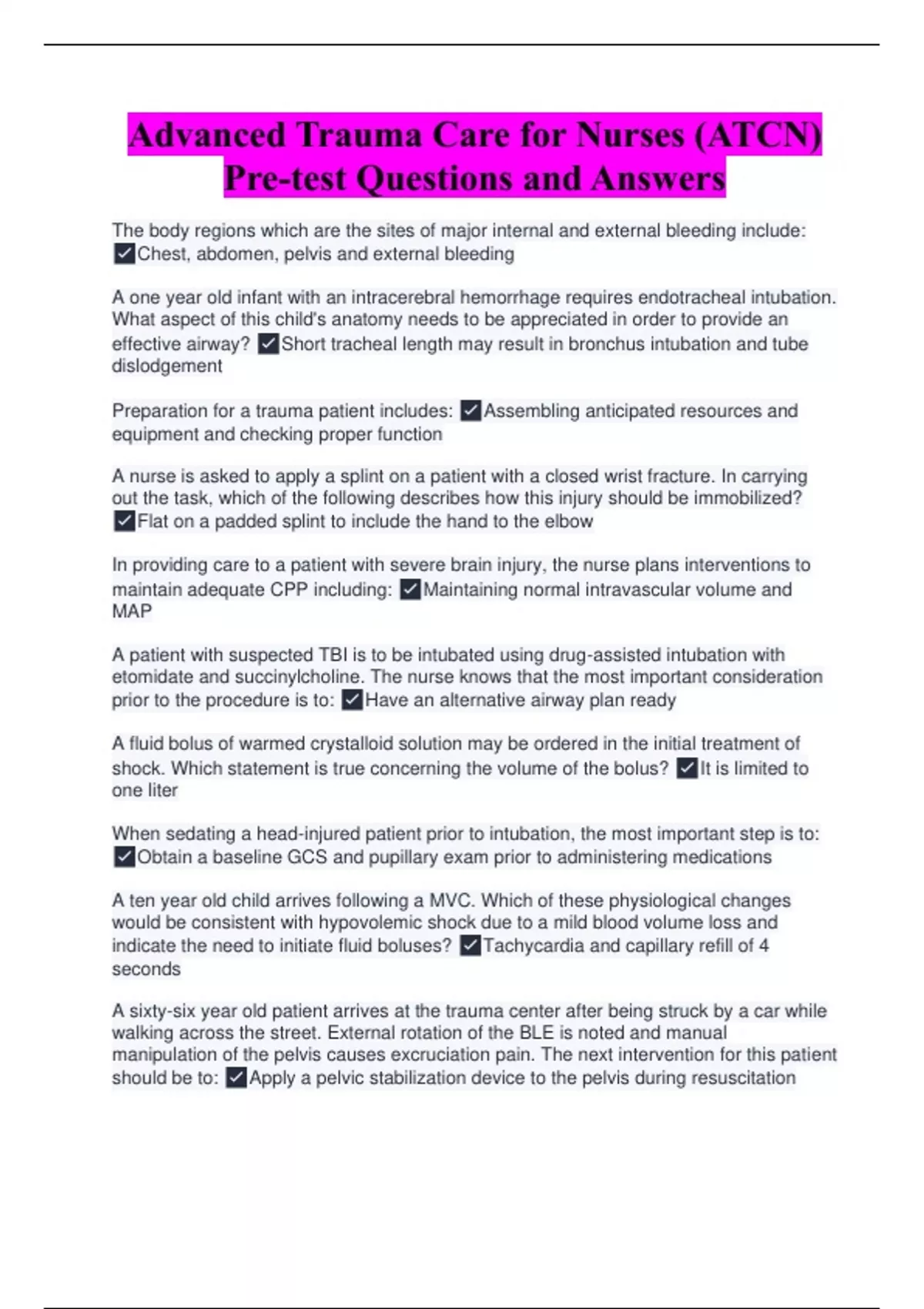 Advanced Trauma Care for Nurses (ATCN) Pre-test Questions and Answers ...