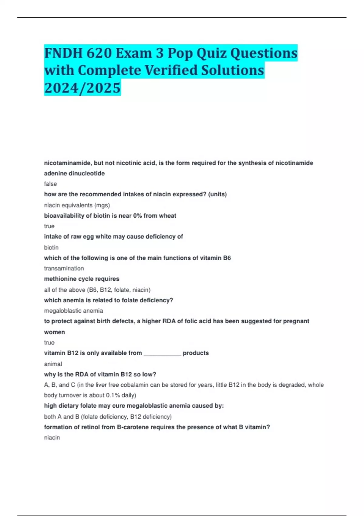 FNDH 620 Exam 3 Pop Quiz Questions with Complete Verified Solutions ...