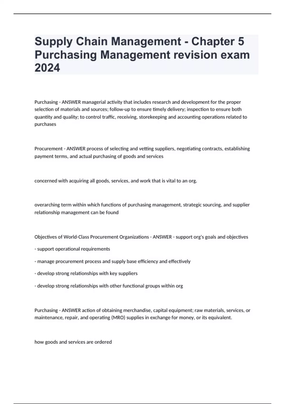 Supply Chain Management - Chapter 5 Purchasing Management revision exam ...