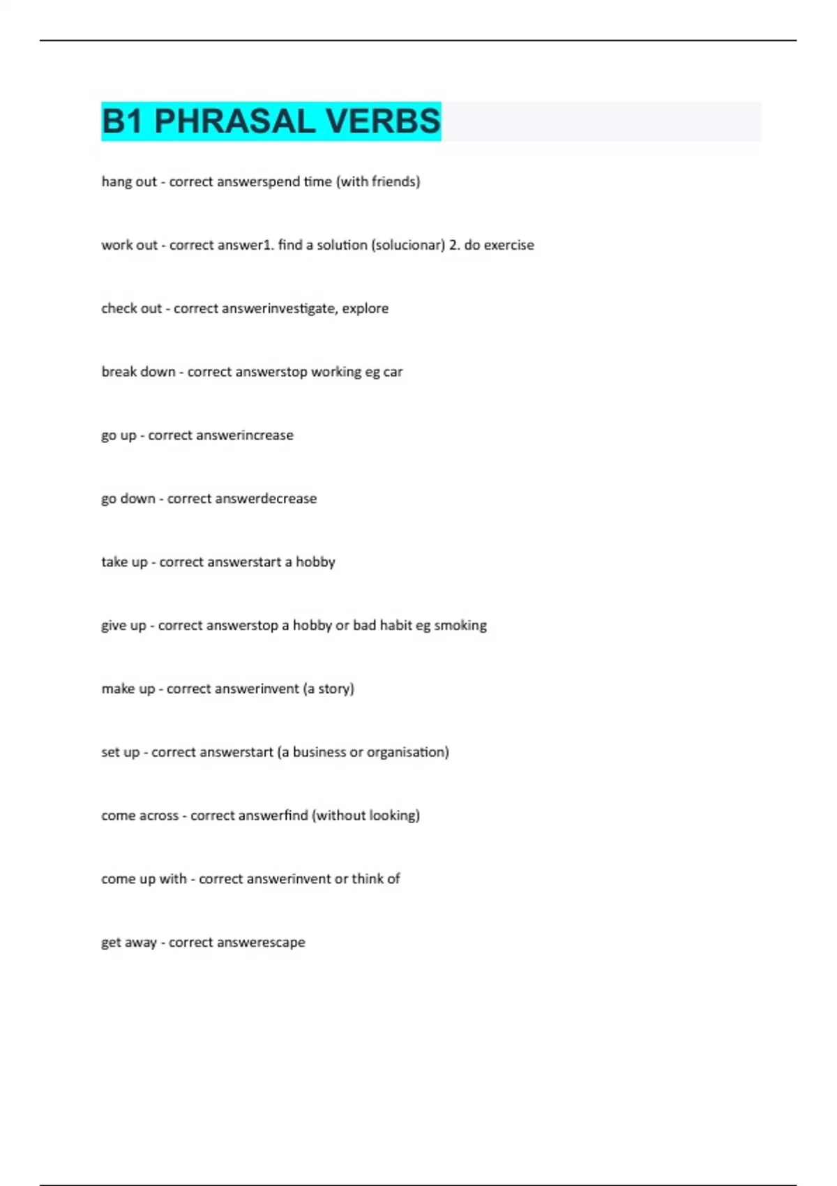 B1 PHRASAL VERBS Questions and answers latest update - B 1 - Stuvia US