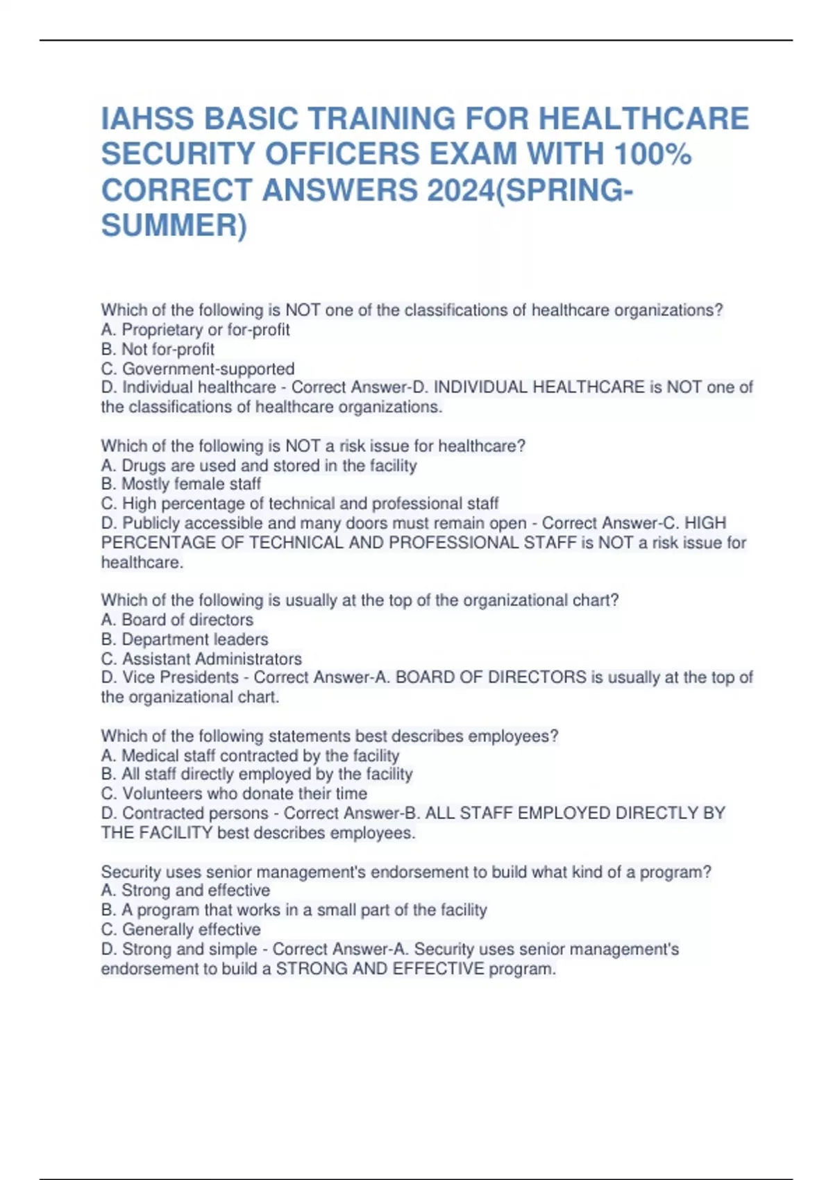 IAHSS BASIC TRAINING FOR HEALTHCARE SECURITY OFFICERS EXAM WITH 100% ...