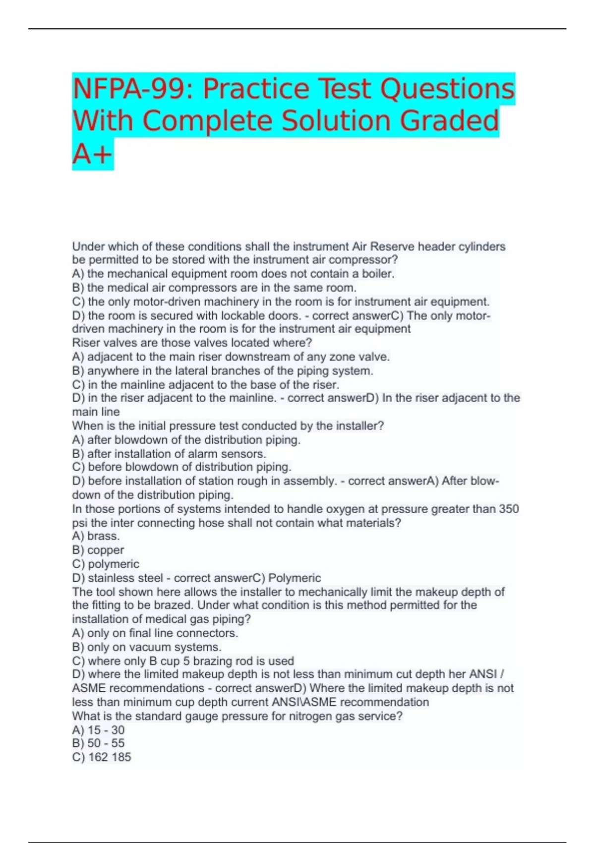 NFPA-99: Practice Test Questions With Complete Solution Graded A+ ...