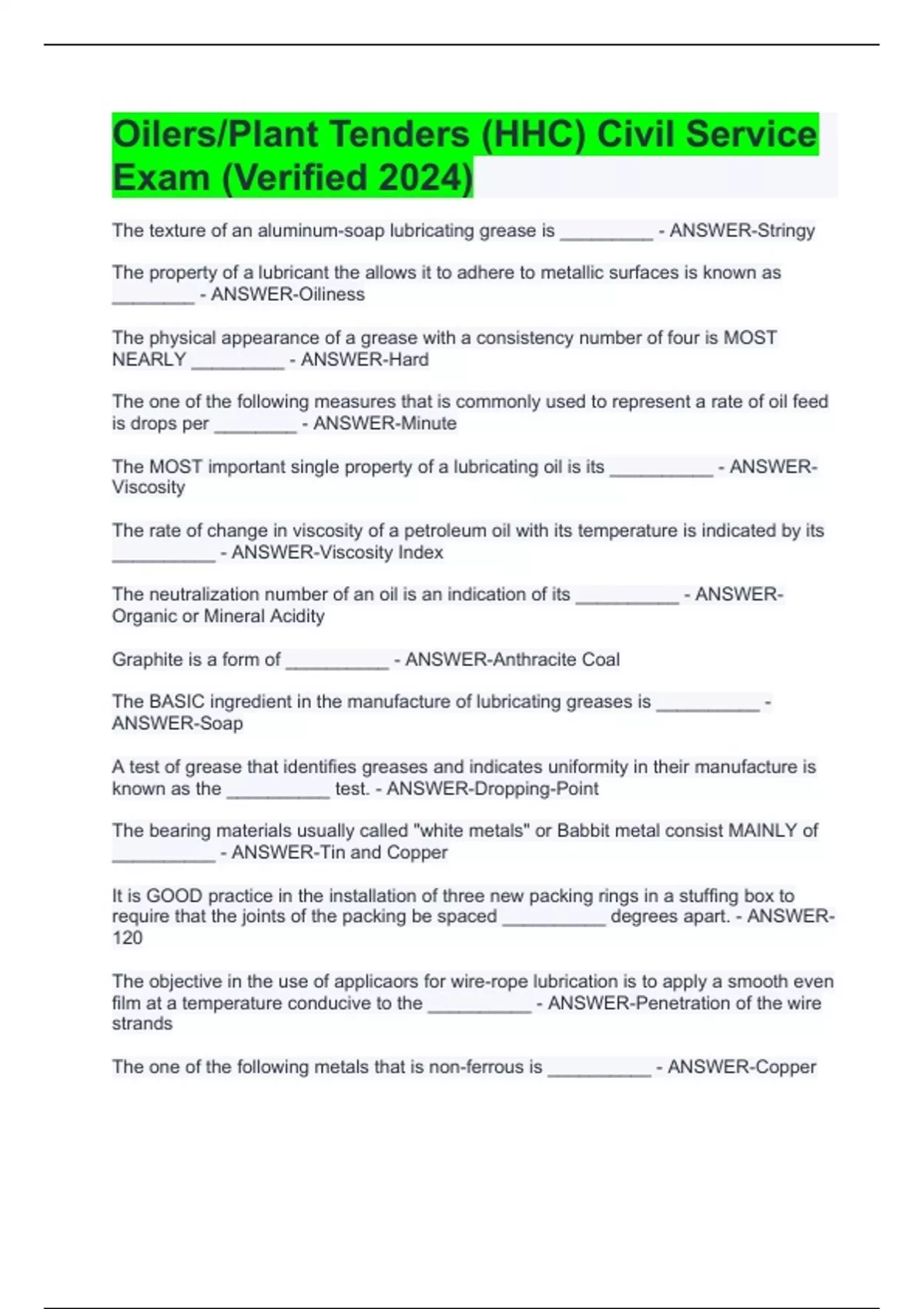 Oilers/Plant Tenders (HHC) Civil Service Exam (Verified 2024) - HHC ...