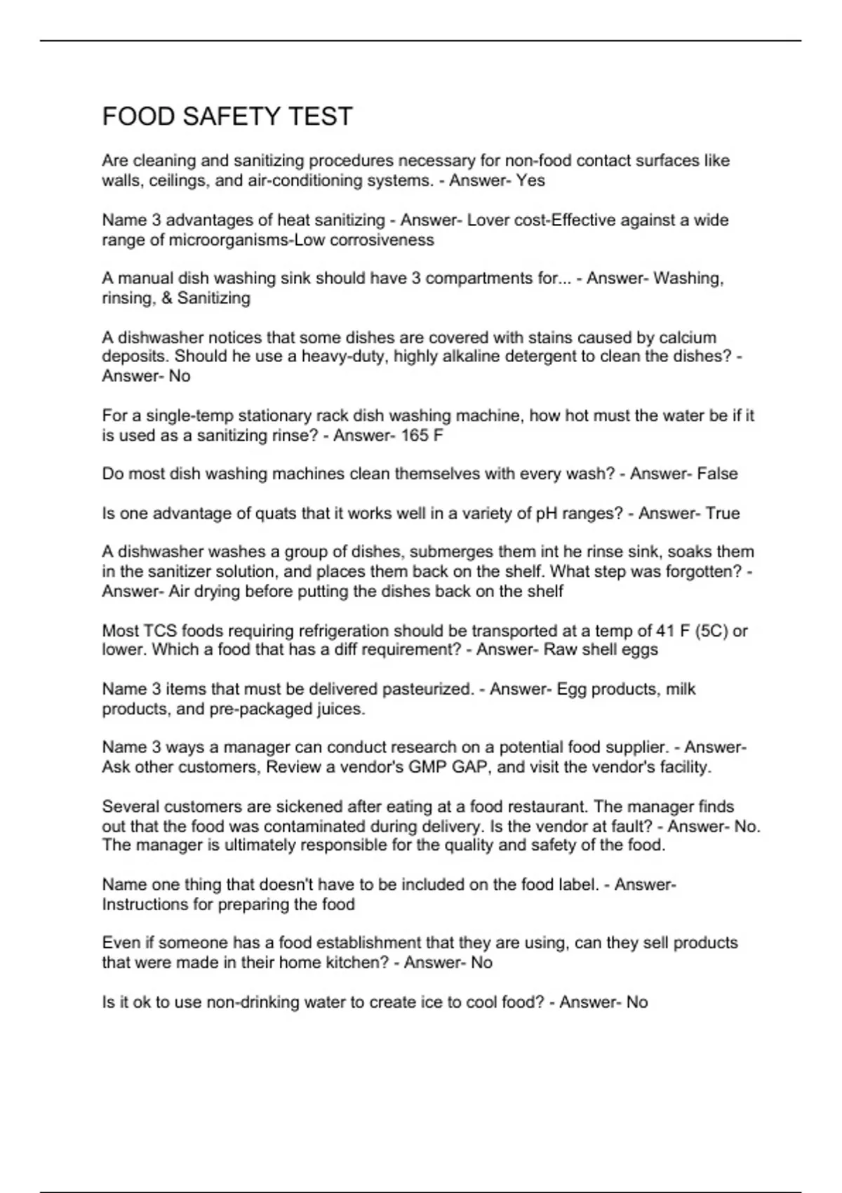 FOOD SAFETY TEST - FOOD SAFETY - Stuvia US