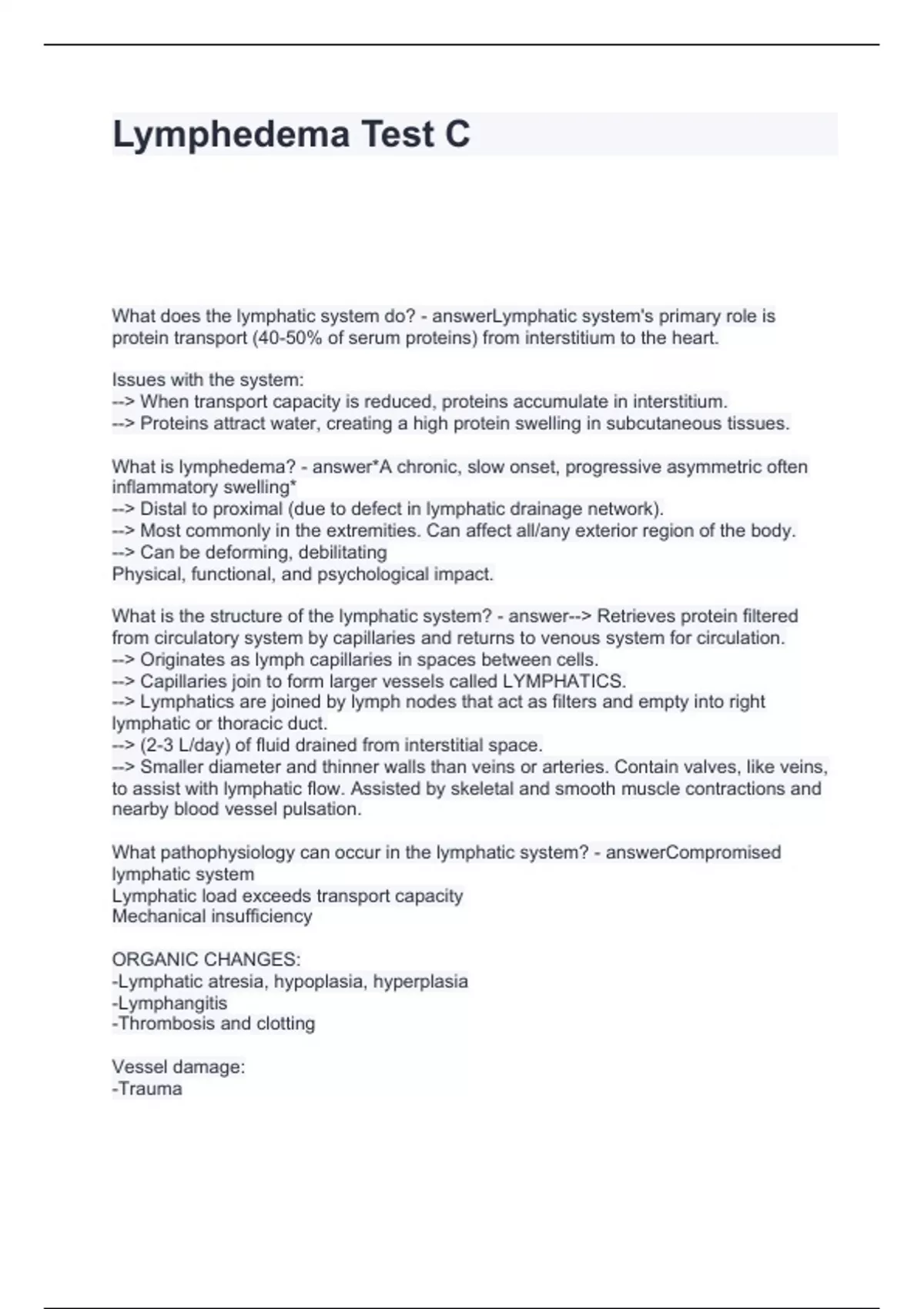 Lymphedema Test C Questions with correct Answers 2024 - LYMPHEDEMA ...