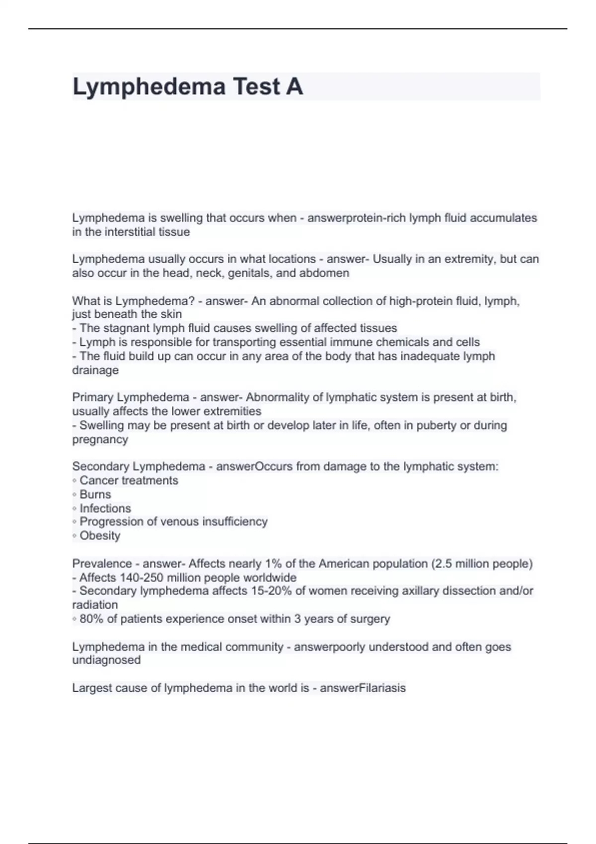 Lymphedema Test A Questions with complete solutions 2024 - LYMPHEDEMA ...