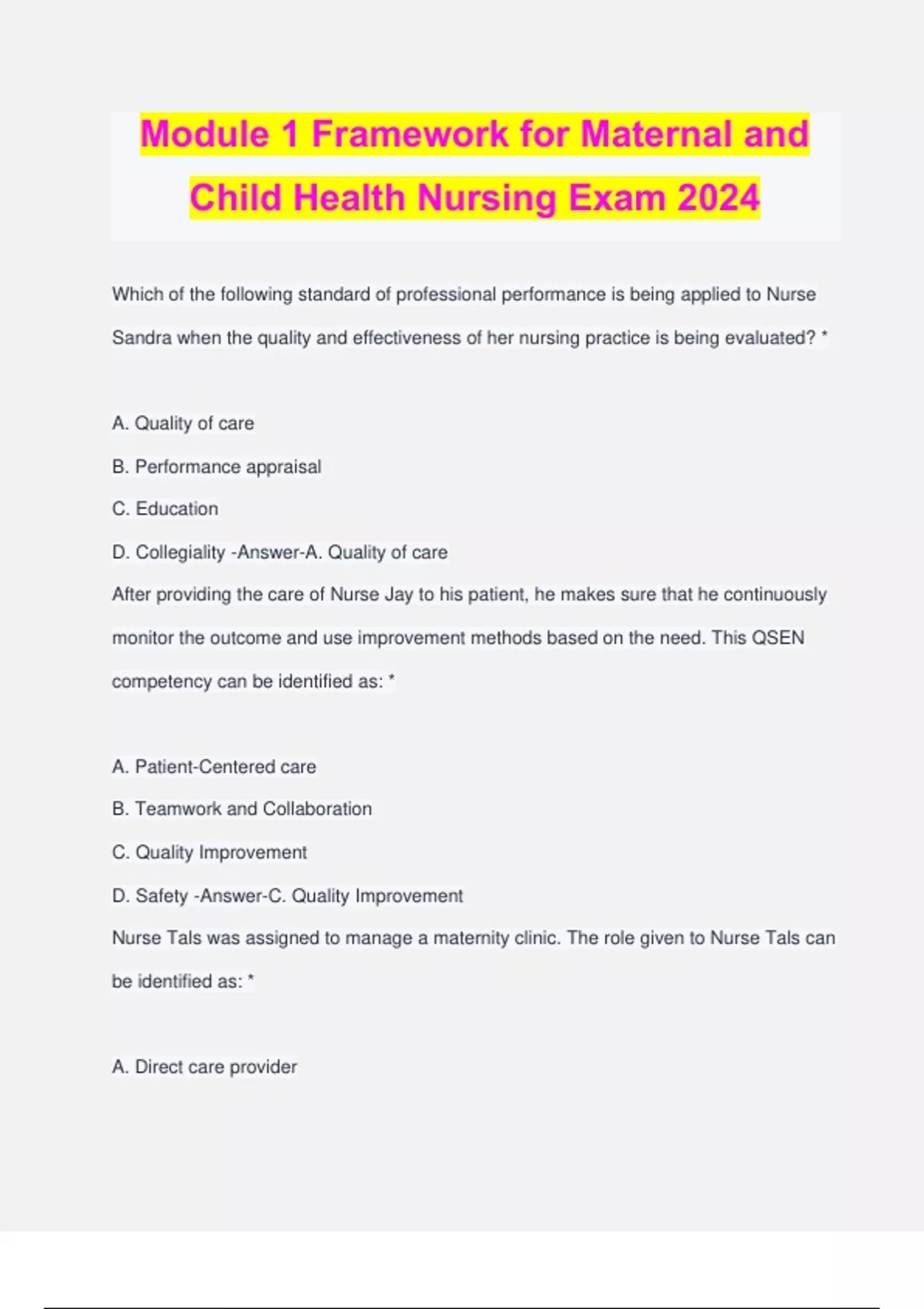 Module 1 Framework for Maternal and Child Health Nursing Exam 2024 ...
