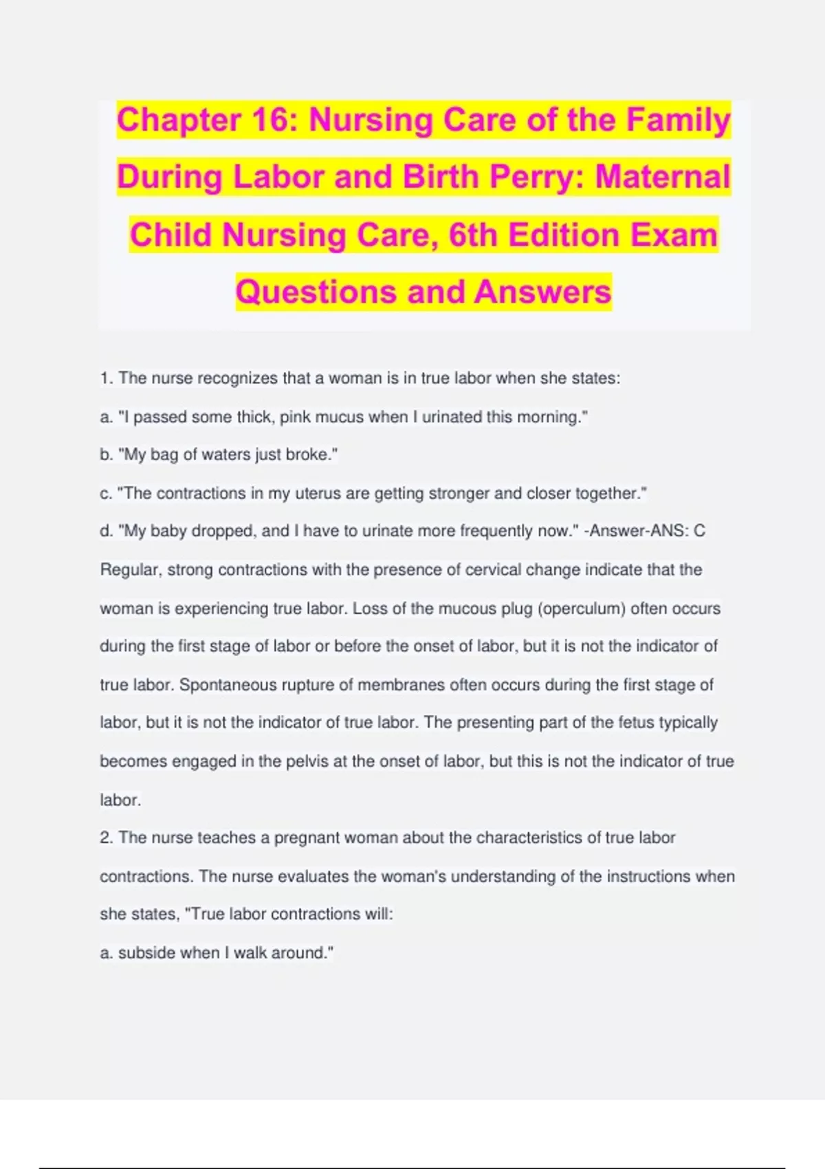 Chapter 16: Nursing Care of the Family During Labor and Birth Perry ...