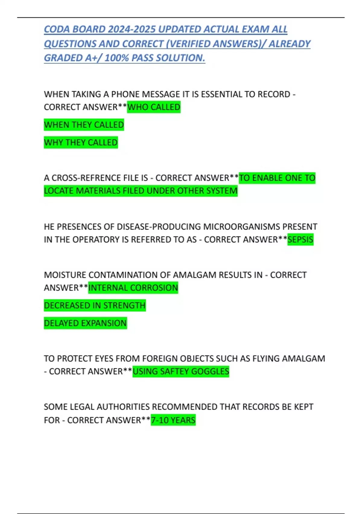 CODA BOARD UPDATED ACTUAL EXAM ALL QUESTIONS AND CORRECT (VERIFIED ANSWERS)/ ALREADY GRADED A+ ...