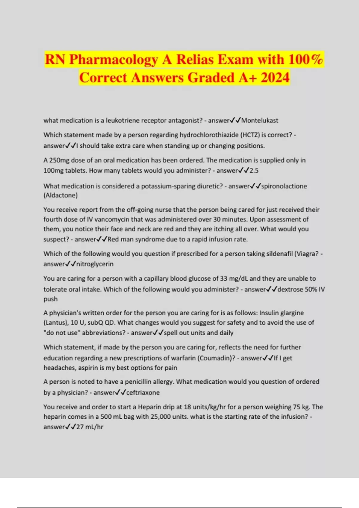 RN Pharmacology A Relias Exam with 100% Correct Answers Graded A+ 2024 ...