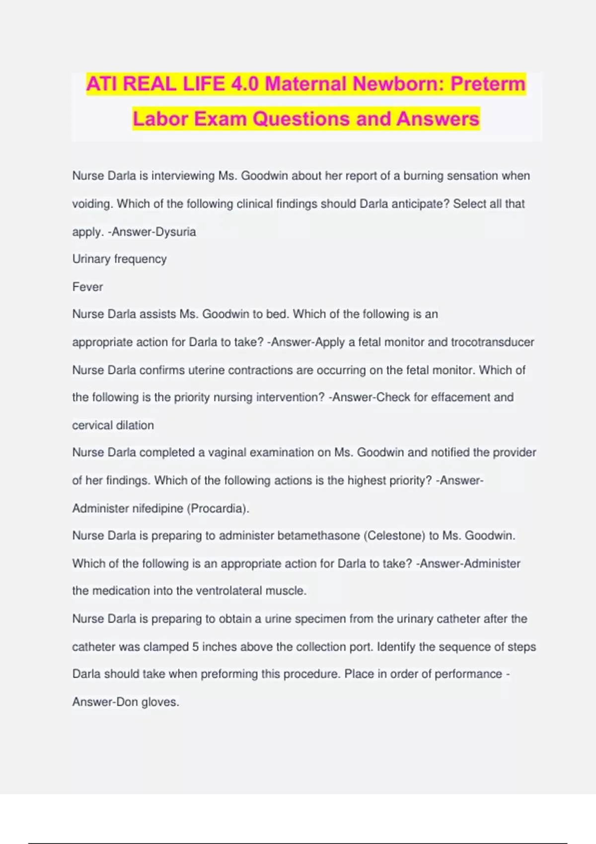 ATI REAL LIFE 4.0 Maternal Newborn: Preterm Labor Exam Questions and ...