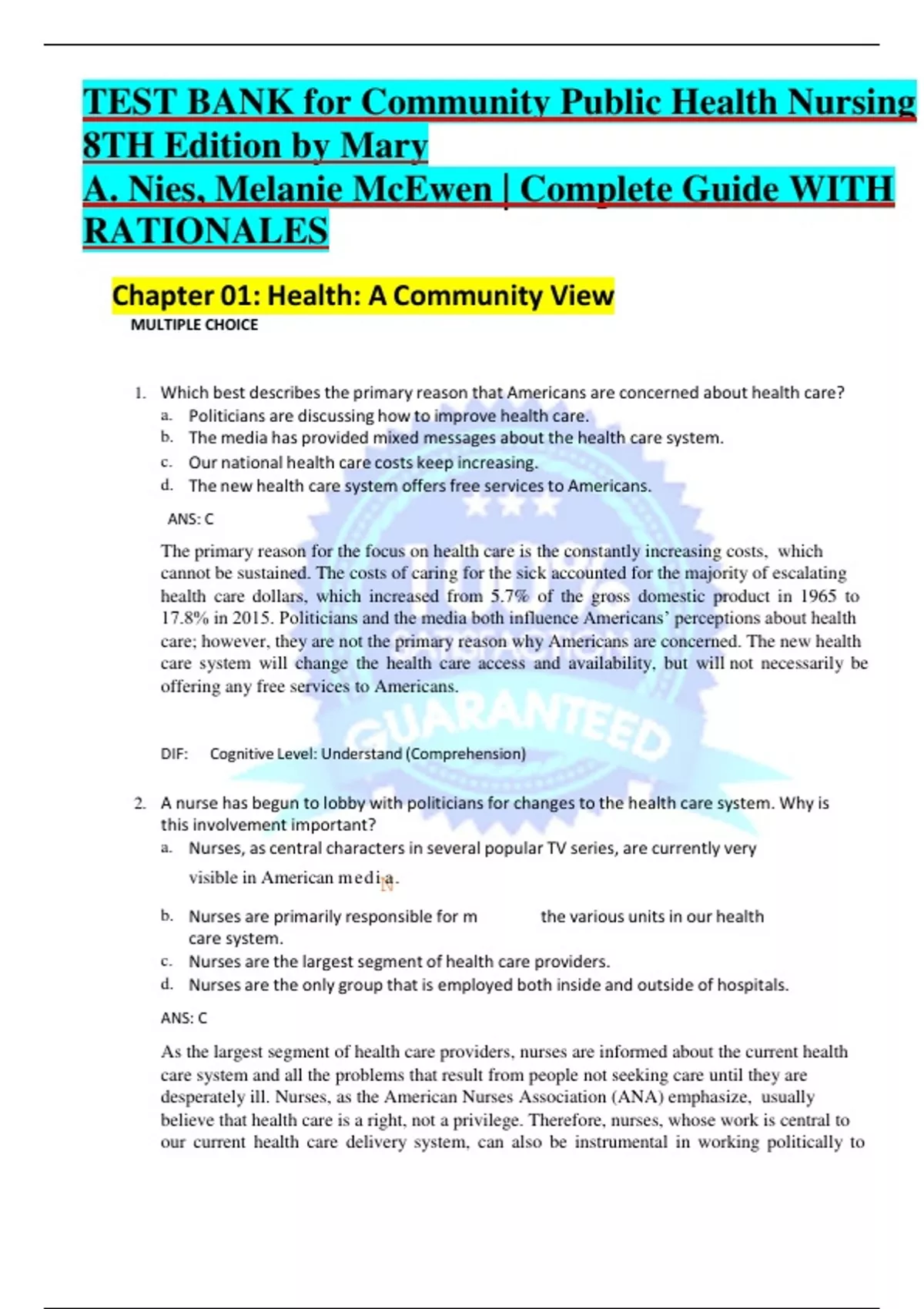 TEST BANK for Community Public Health Nursing 8TH Edition by Mary A ...