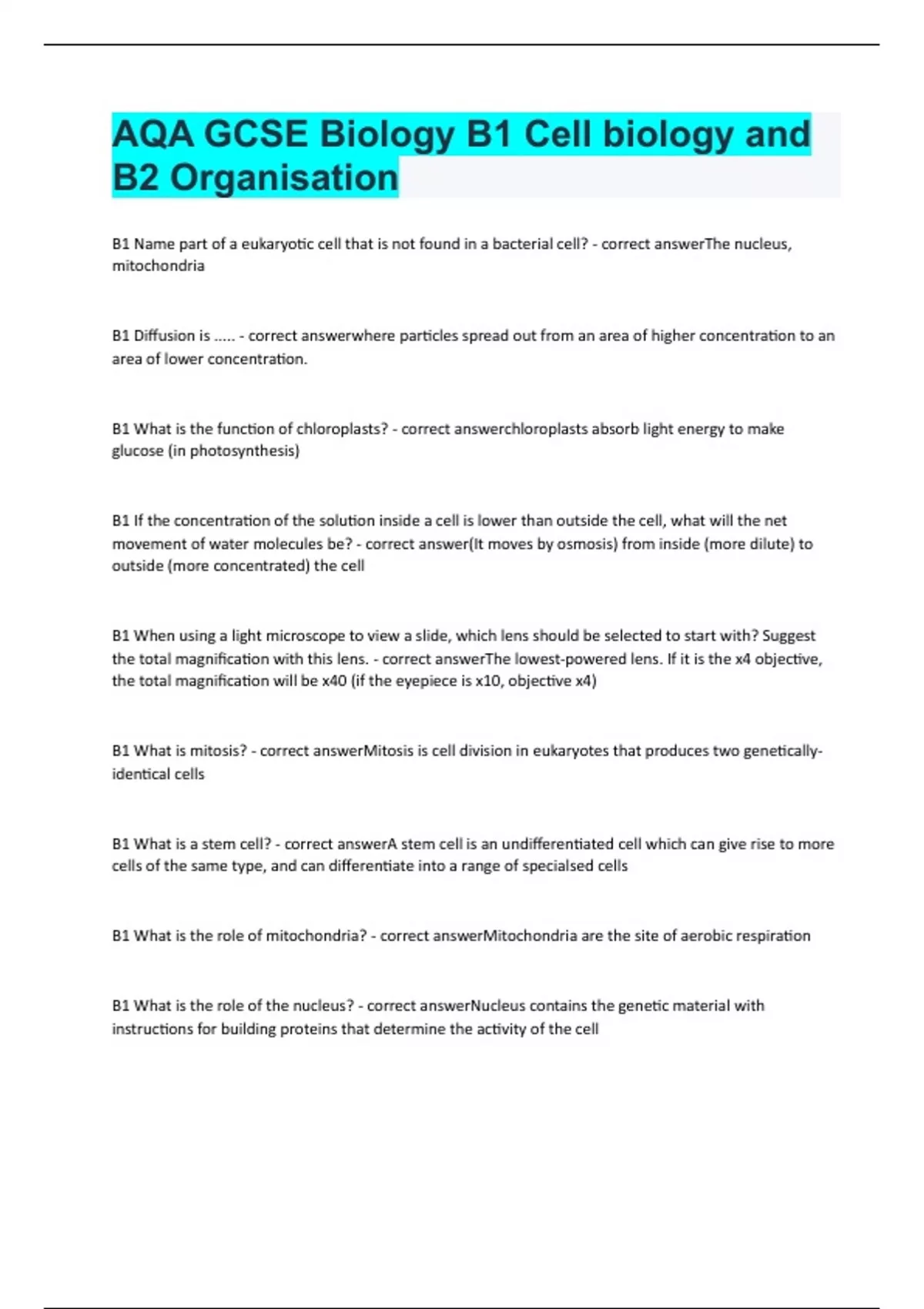 AQA GCSE Biology B1 Cell biology and B2 Organisation Questions and ...